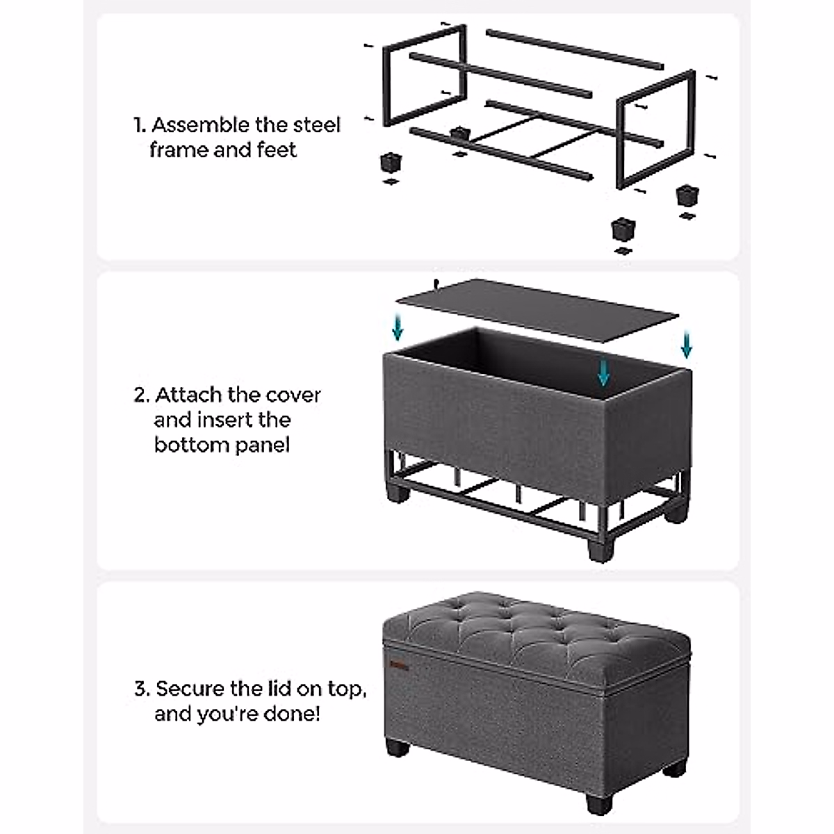 SONGMICS Storage Ottoman Bench, Foot Rest with Legs, 15.7 x 30 x 15.7 Inches, End of Bed Bench, Storage Chest, Load up to 660 lb, for Living Room, Bedroom, Entryway, Dark Grey ULSF068G01