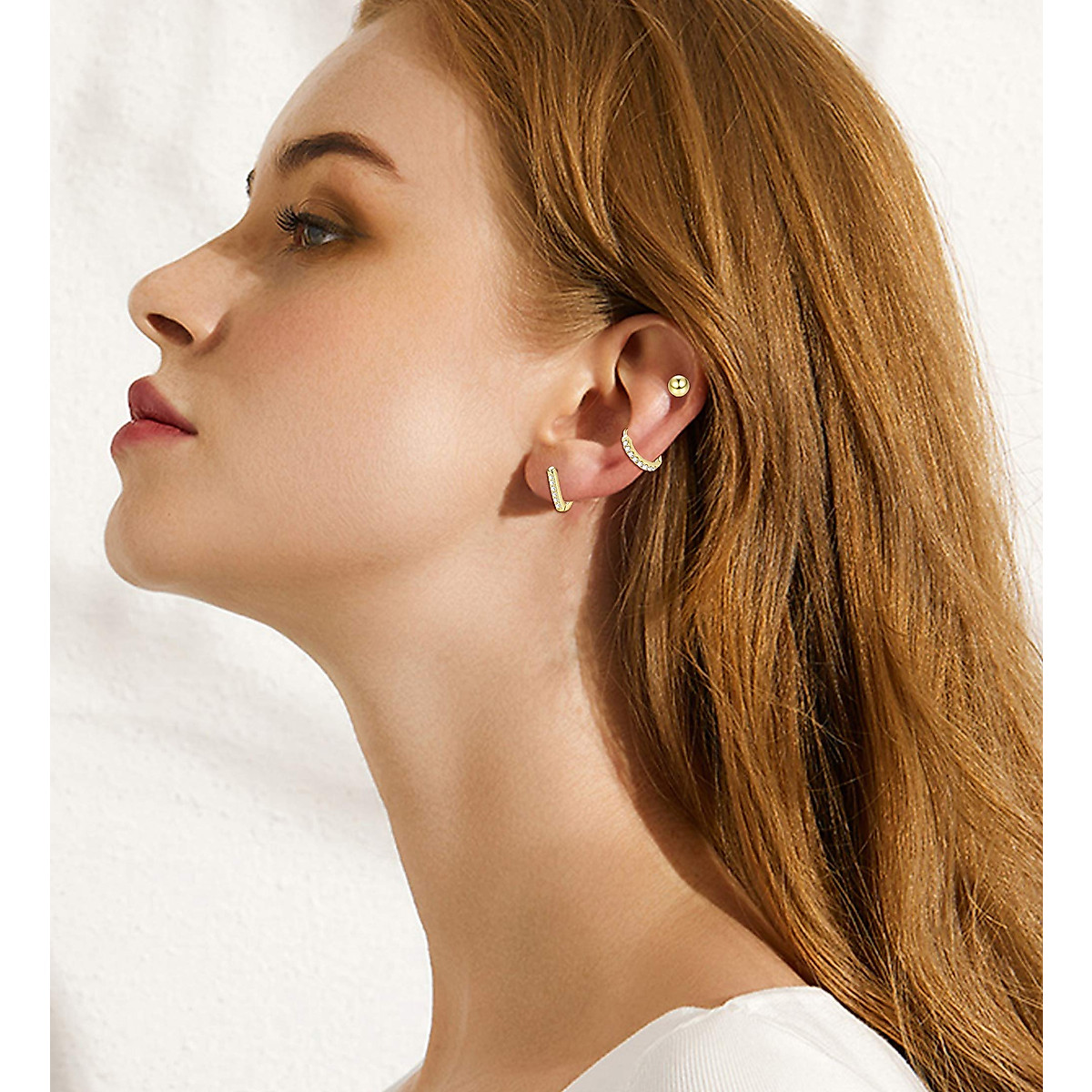 LOYALLOOK 10Pairs Stainless Steel Stud Earring Set Moon Star Bar Earrings Lotus Ear Jacket CZ Cuff Hoop Huggie Cartilage Earring for Women, Silver