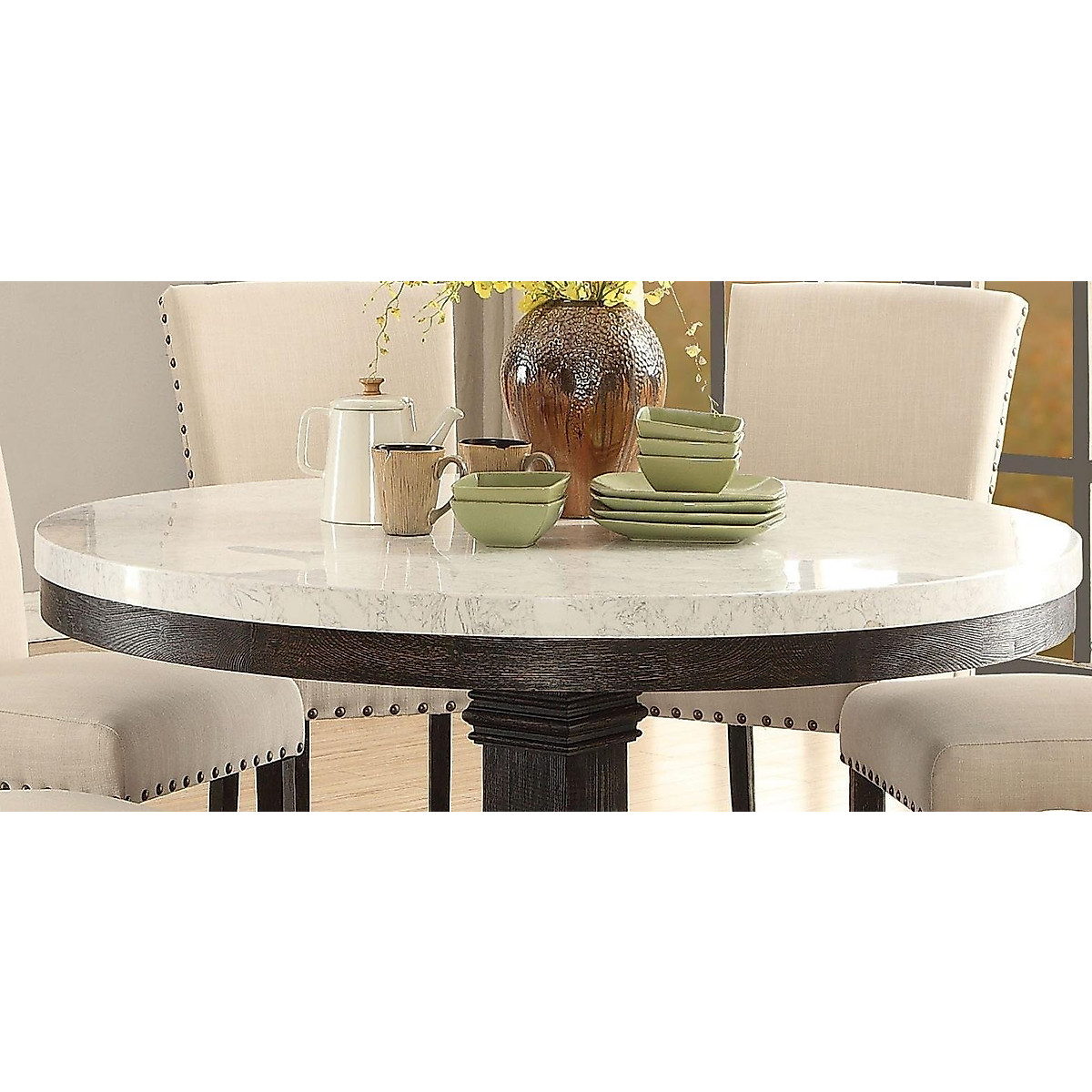 Acme 7PC Round White Marble Top Weathered Black Finish Wood Dining Table Set