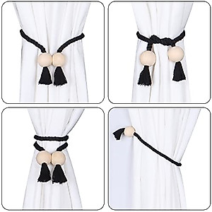 OCIOLI 2 Pack Strong Magnetic Curtain Tiebacks Black Curtain Holdbacks Outdoor Curtain Tiebacks Cotton Hand Woven Tie Backs Curtain Drapery Holdbacks Curtain Ties for Drapes (Black - Ball, 2)