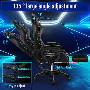 Floor Gaming Chair-135°Reclining Adjustment Gaming Chairs for Adults, with Massager Lumbar Support and Telescopic Footrest Ergonomic Office Chair, Race Game Chair (Black red)