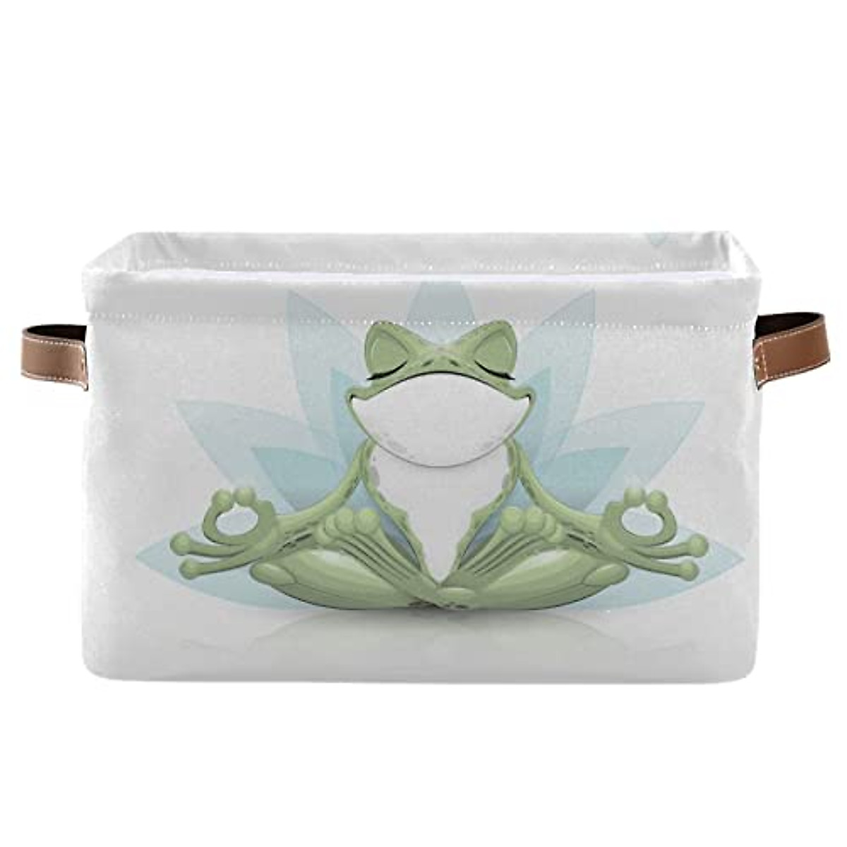 Kigai Funny Frog Doing Yoga Square Storage Basket, Portable Leather Storage Basket for Office, Furniture, 14.2 L x 10.2 W x 8.3 H In