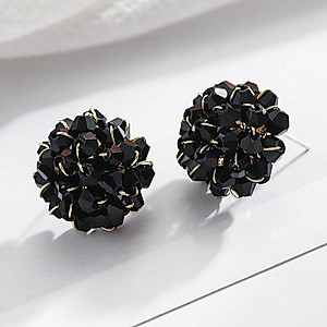 Stud Earrings for Women Black Crystal Flower Cluster Bohemian Sterling Silver Boho Statement Ball Beads