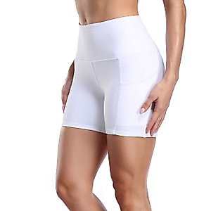 Oalka Women's Short Yoga Side Pockets High Waist Workout Running Shorts 4" Pure White Size S