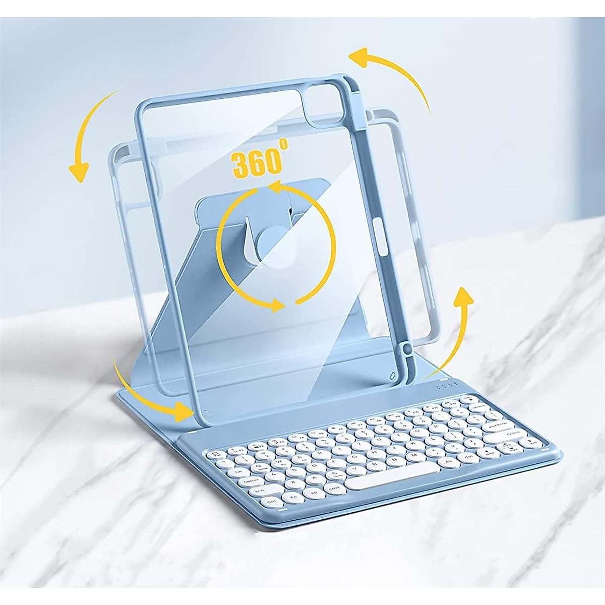 Keyboard Case for iPad 10th Generation 2022, iPad 10 Case with Keyboard, Rotating Clear Back Cover with Pencil Holder and Detachable Round Keys Keyboard for 2022 Release A2696 A2757 A2777 (Blue)