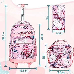 FTJCF 3pcs Rolling Backpack for Women, 21 Inche Adult Bag with Roller Wheels, Wheeled Bookbag Set for Girls - Pink