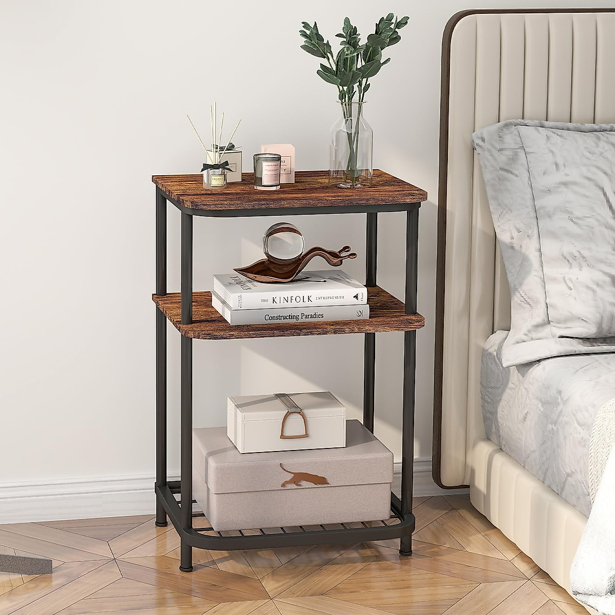 MOFAIN Side Table 3-Tier Small End Table for Small Spaces Storage Accent Table Night Stand for Living Room Bedroom Couch(Rustic Brown)