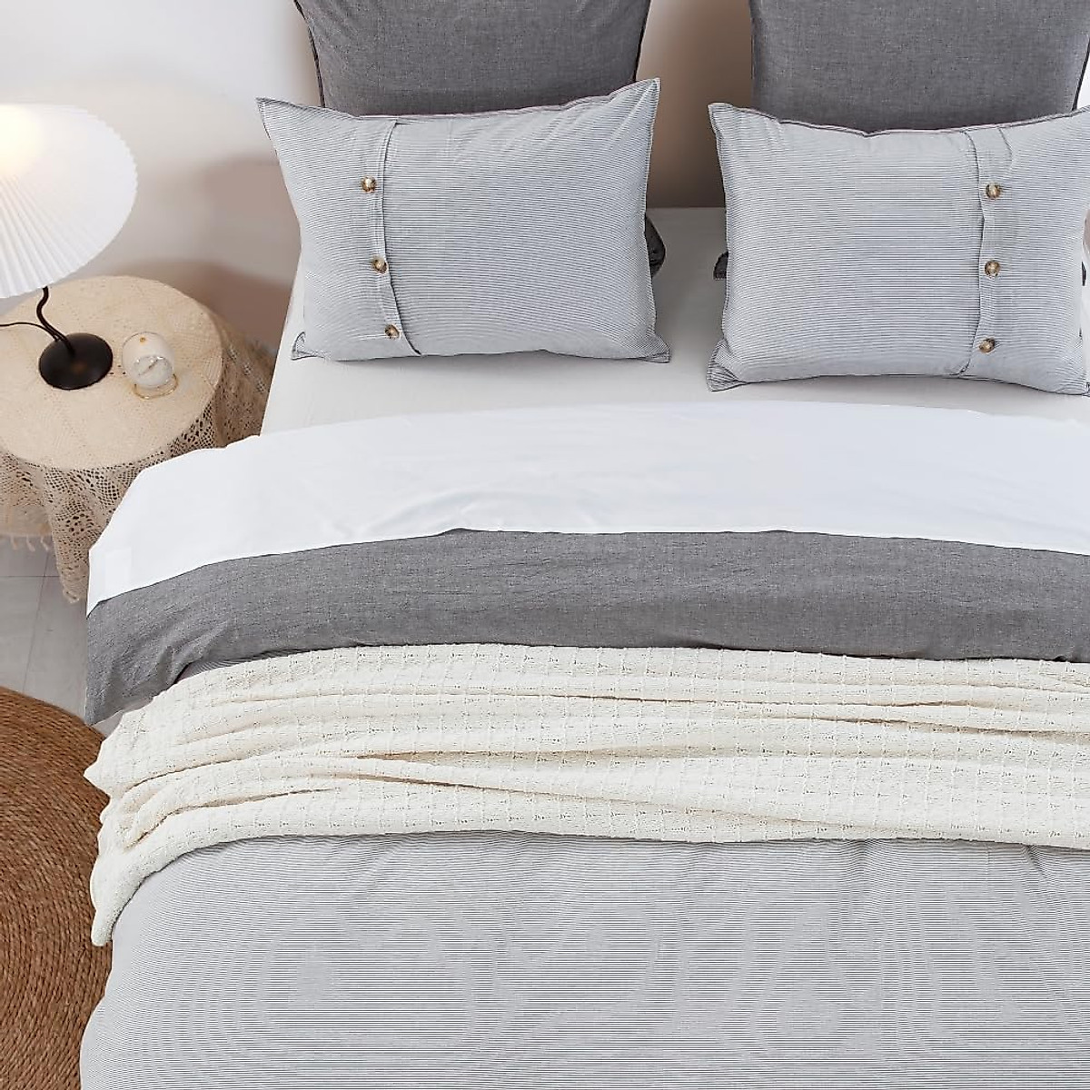 DAUAOTO California King Size Duvet Cover Set 104"X96" Washed Cotton Bedding Reverse to Yarn-Dyed Stripe, Gray