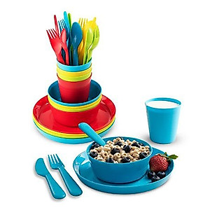 Plaskidy Kids Dinnerware Set for 4-24 Piece Plastic Childrens Dishes Dinnerware Sets Microwave/Dishwasher Safe BPA Free - Toddler Dinner Set Includes Kids Plates and Bowls Kids Cups Flatware Set