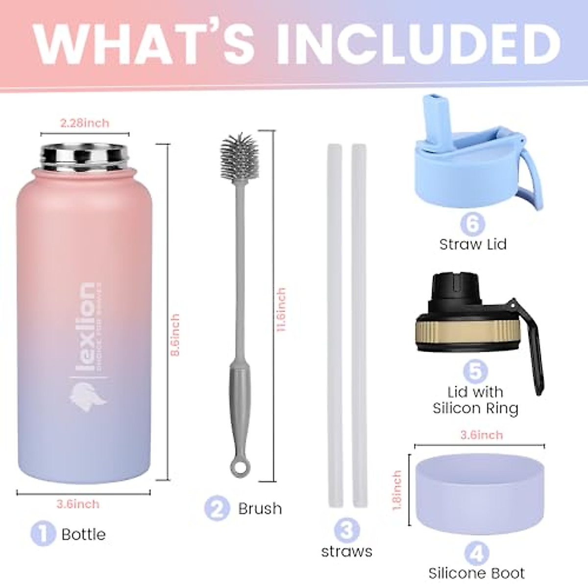lexlion Water Bottle 32oz, Triple Walled Insulated Stainless Steel Reusable Bottle, Silicone Sleeve, 2 Lids (Spout lid & Straw lid w/2 straw), Metal Mug Gallon, BPA Free, Pinky