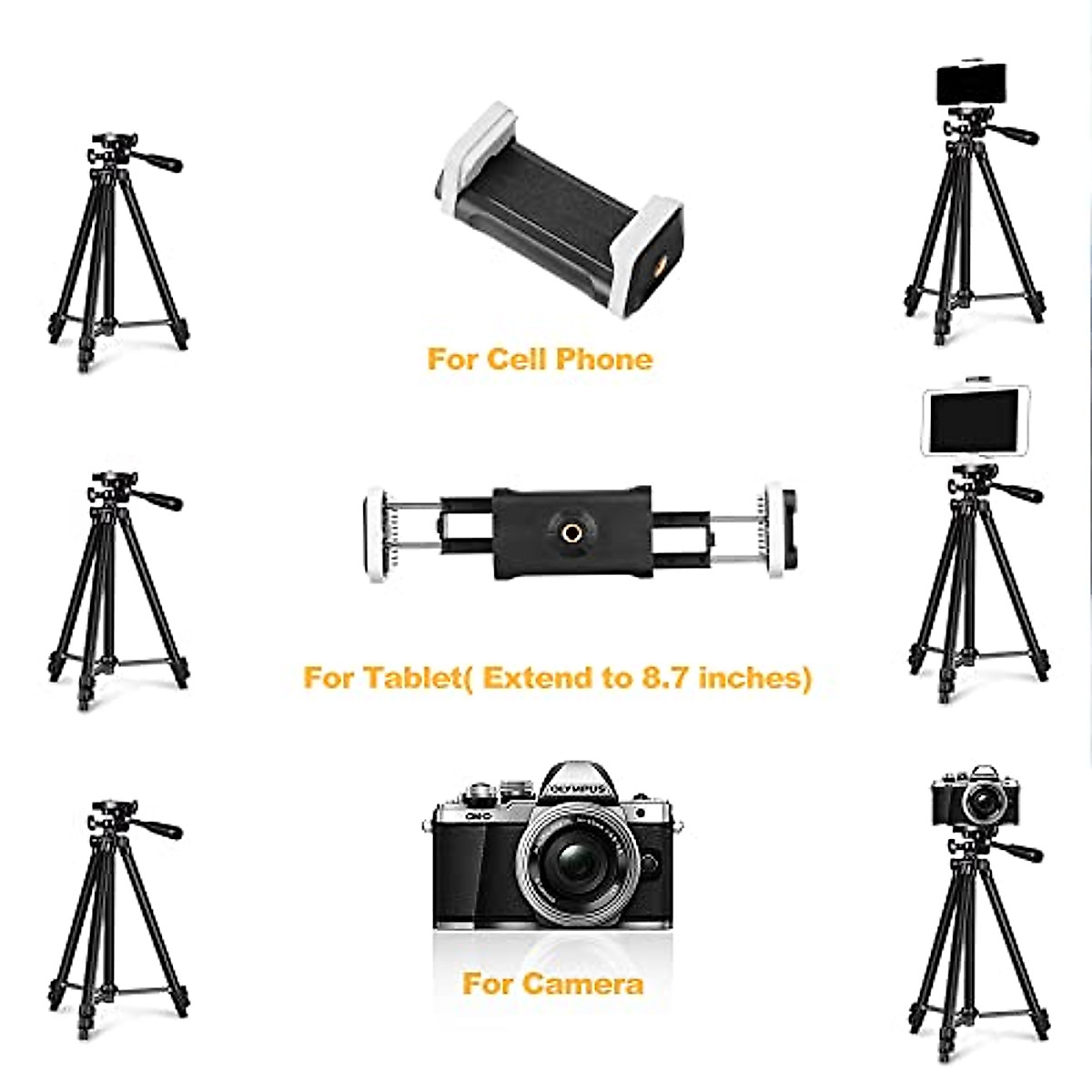 Aureday Phone Tripod, 50” Extendable Adjustable Smartphone & Tablet Tripod Stand with Phone Holder Mount & Remote, Compatible with Tablet/Cell Phone/Camera