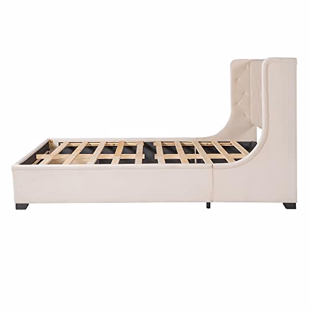 HBRR Queen Size Platform Bed Frame with Wingback Headboard and a Big Drawer, Velvet Upholstered Storage Bed, Wooden Slats Support, No Box Spring Needed, Easy to Assemble, Beige