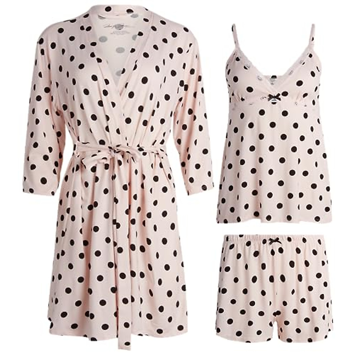 Marilyn Monroe Women's Pajama Set - 3 Piece Lounge Robe, Cami Tank Top, Pajama Shorts - Lace Trim Sleepwear for Women (S-XL), Size Small, Ice Pink Dot