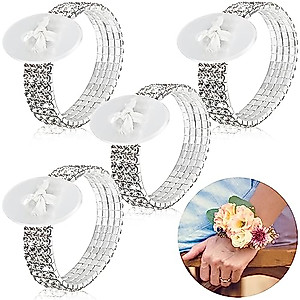 Bonuci 4 Pieces Corsage Wristlet Bands Rhinestone Bracelet Wristlets Stretch DIY Wedding Wristband Corsage Accessories Bracelets for Wedding Party Prom Bride Shower Party Anniversary