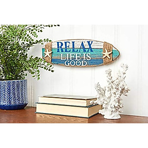 Beachcombers Relax Life is Good Surfboard Shape Coastal Plaque Wall Sign with Starfish Wall Hanging Decor Decoration for The Beach Blue