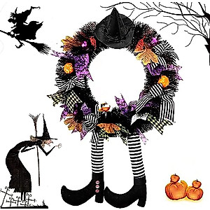 Halloween Wreaths for Front Door, Halloween Witch Wreath Black Wreath with Hat Witches Legs Pumpkin, Halloween Door Wreath Black Witch Wreath for Door,Porch,Window,Indoor and Outdoor Decor