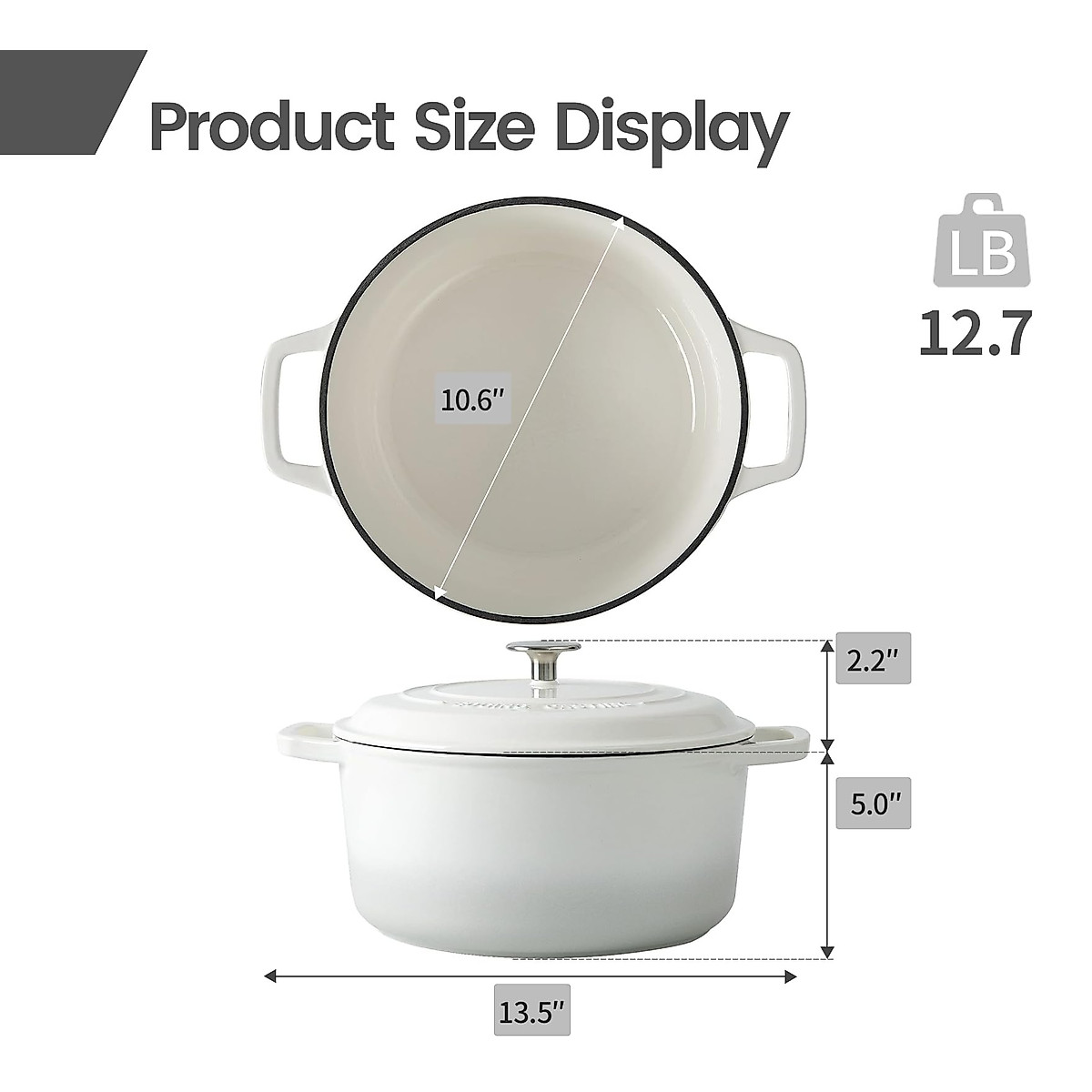 EDGING CASTING Enameled Cast Iron Dutch Oven Pot with Lid, 6-Quart Round Dutch Ovens Dual Handle, Bread Oven for Bread Baking, Oven Safe up to 500°F, White