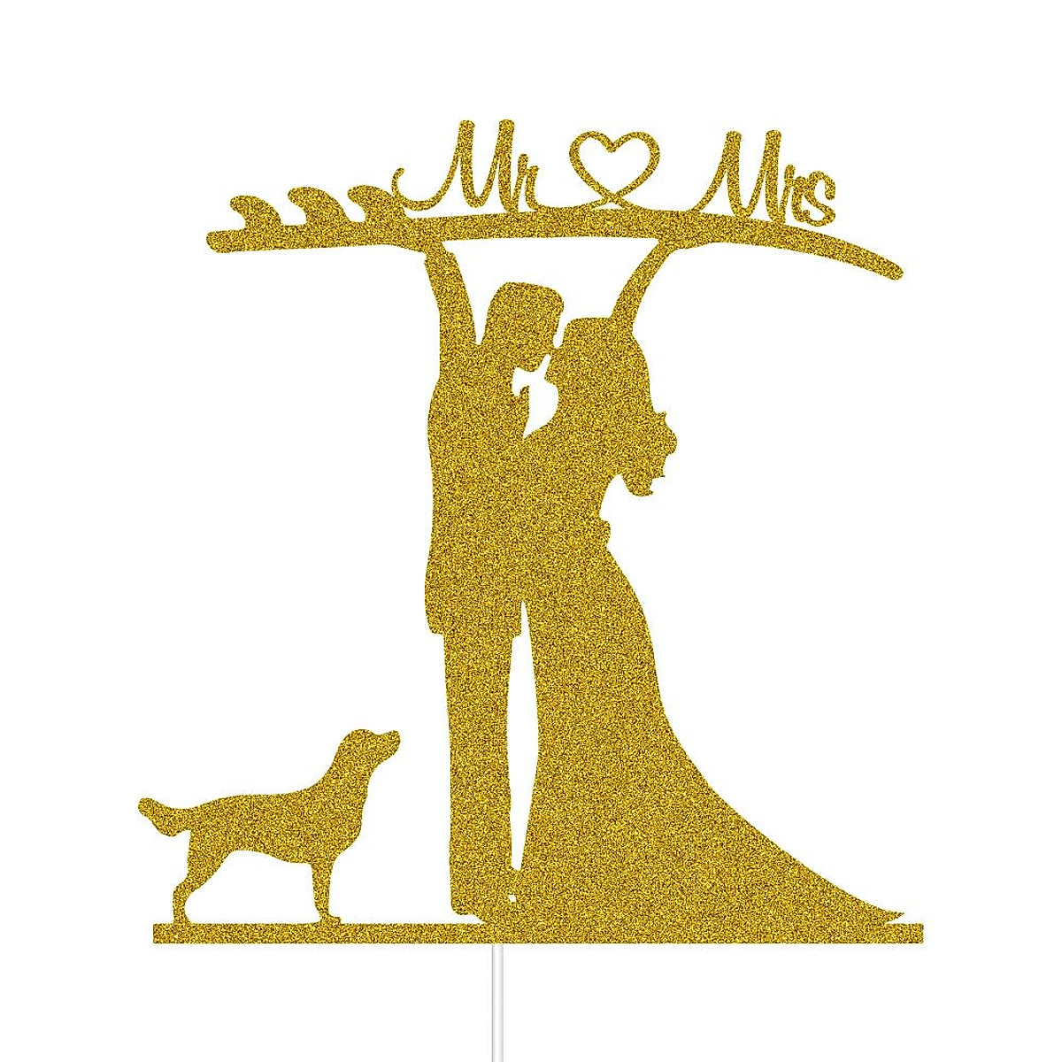 Surfing Couple Mr & Mrs Cake Topper with Dog Surfboard, Funny Wedding Cake Decors, Bride and Groom Wedding Anniversary Party Decorations Gold Glitter