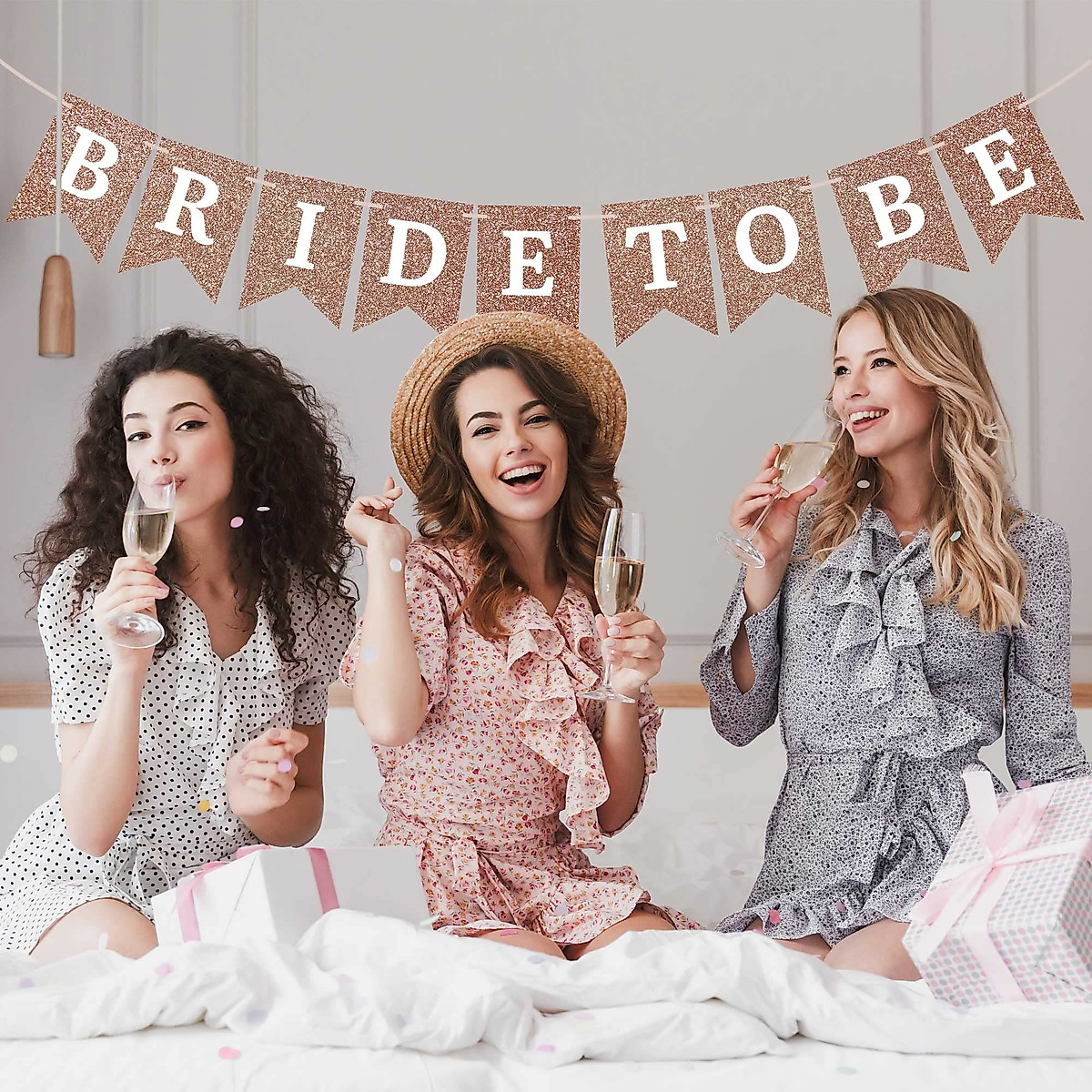 Pre-Strung Bride to Be Banner - NO DIY - Rose Gold Glitter Bachelorette Bridal Party Banner - Pre-Strung Garland on 8 ft Strand - Rose Gold Bridal Party Decorations & Decor. Did we Mention no DIY?