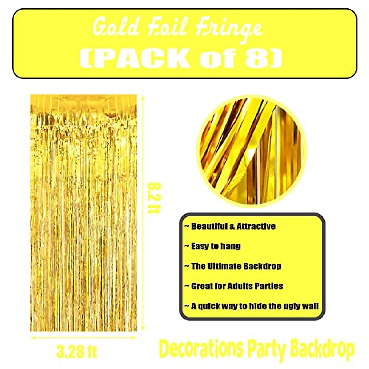 8 Pack Gold Tinsel Foil Fringe Curtain Backdrop, 3.28Ft x 8.2Ft Metallic Streamers for Photo Booth Birthday Wedding Bridal Shower Bachelorette New Year Party Thanksgiving Christmas Decorations
