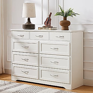 Royard Oaktree 9 Drawers Dresser, Wood Grain Chest of Drawers with Antique Metal Handles, Modern Closet Storage Organizer Bar Cabinet for Bedroom Living Room, Dining Room, Hallway, White