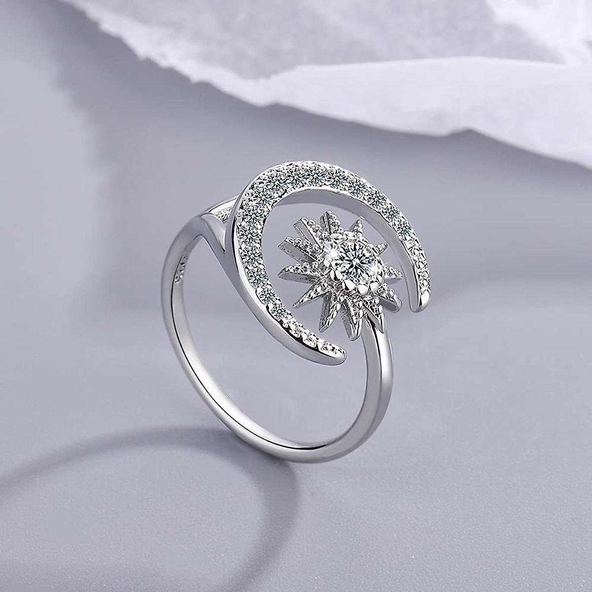 Izpack CZ Sun Moon Open Statement Ring Crystal Cubic Zirconia Crescent Moon Adjustable Finger Bands Promise Engagement Wedding Band Eternity Rings Minimalist Christmas Jewelry Gifts for Women Girls