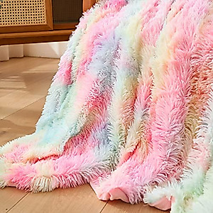 YOU SA Colorful Rainbow Design Shaggy Faux Fur Blanket Ultra Plush Long Hair Decorative Throw Blanket 51''x63'', Rainbow-1