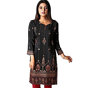 India Kurtis for Women Silk Long Indian Kurta Tunic Party Wear Tops (Black, M)