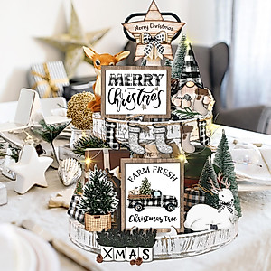 FairySandy 13 Pcs Christmas Tiered Tray Decor Set Xmas Black and White Plaid Gnome Wooden Tabletop Signs Elk Gnome Truck Rustic Farmhouse Winter Decorative Trays Cozy Christmas Decor for Home Kitchen
