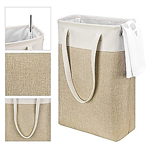Laundry Hampers Tall Slim Laundry Baskets Thin Foldable Clothes Hamper Narrow Hamper for Laundry Storage Organizer Collapsible Hamper Laundry with White and Brown Imitated Burlap Patchwork,QY-SC24-2