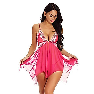 Aniywn Women's Sexy Lace Lingerie Front Closure Babydoll V Neck Mesh Lingerie Nightwear Sexy Chemise Sleepwear Watermelon Red