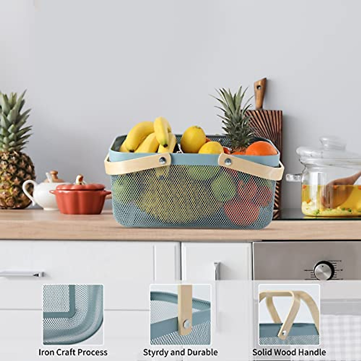 Lifuxiu Metal Mesh Steel Basket mesh basket with handle，Storage Organizer Basket Fruit Vegetable Basket, Solutions for Kitchen, Garden ,Picnic,Gifts and More (Blue)