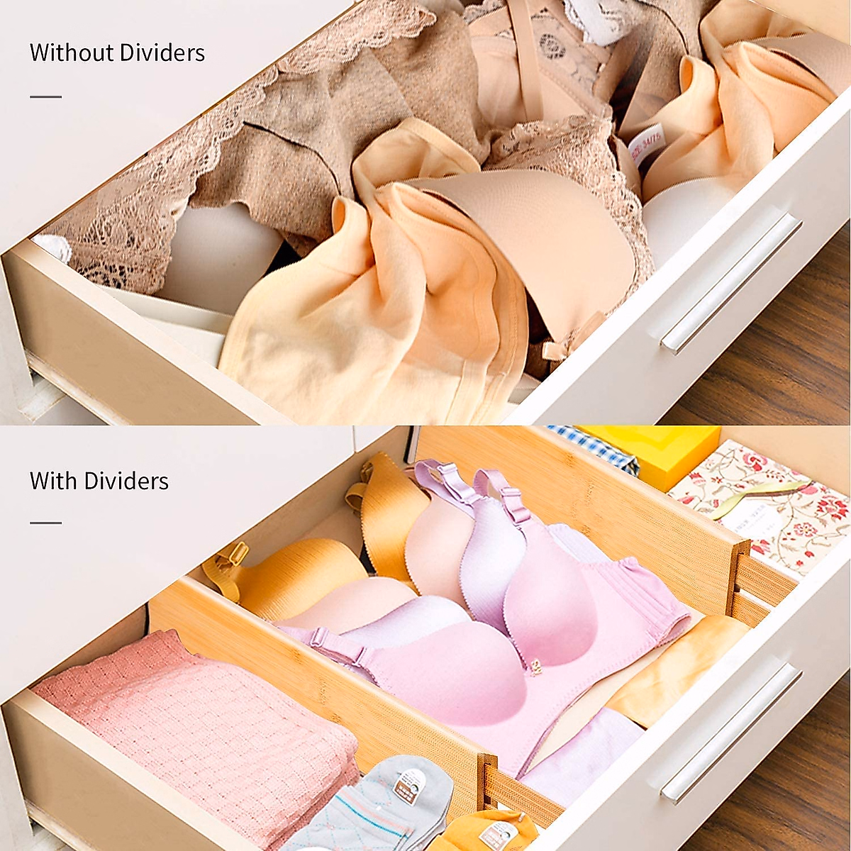 Utoplike 4 Pack Bamboo Kitchen Drawer Dividers and Bamboo Kitchen Knife Drawer Organizer Set
