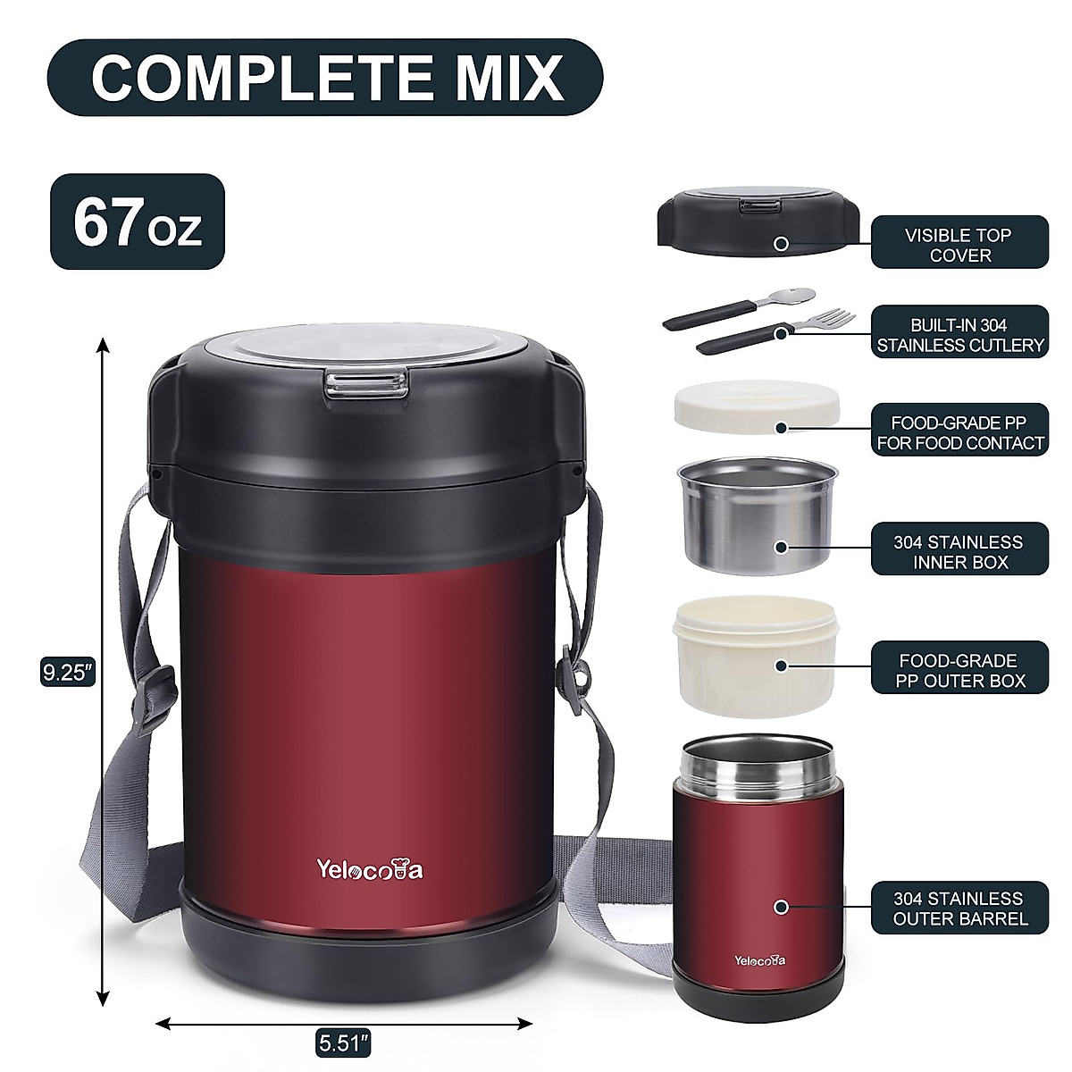 Yelocota Thermos for Hot Food- 67 Ounce Wide Mouth Insulated Soup Container- 18/10 Stainless Steel Lunch Food Jar with 3 Tiers Leak-Proof Stackable Thermal Lunch Box,Fork,Spoon and Bag