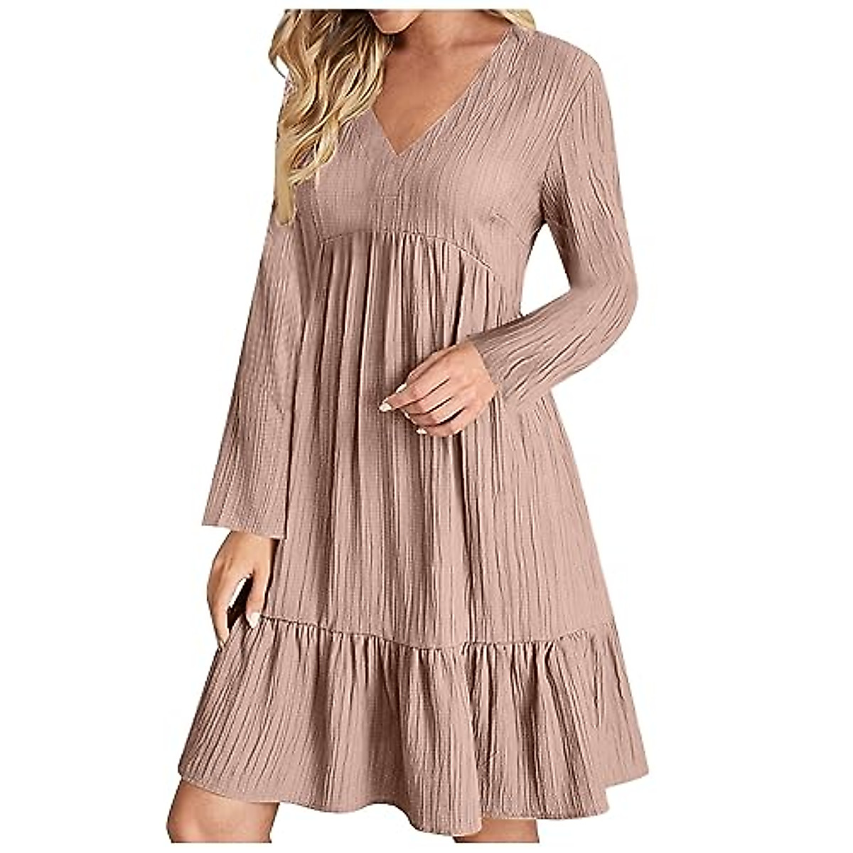 Dress with Pockets Retro 2023 2024 Vestidos para Mujer 2023 Casual Manga Larga vendaje Vestido Cuello en V Color sólido Vestido de Fiesta asimétrico WV3-Pink X-Large