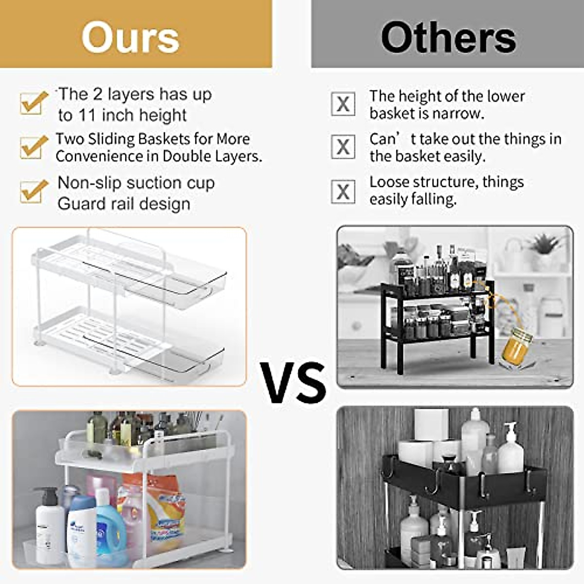 Alwytlon Pull Out Under Sink Organizer, Sliding Cabinet Basket Organizer, 2 Tier Clear Under Bathroom Storage Rack with Hooks, Multi-purpose Storage Shelf for Bathroom Kitchen, transparent & White