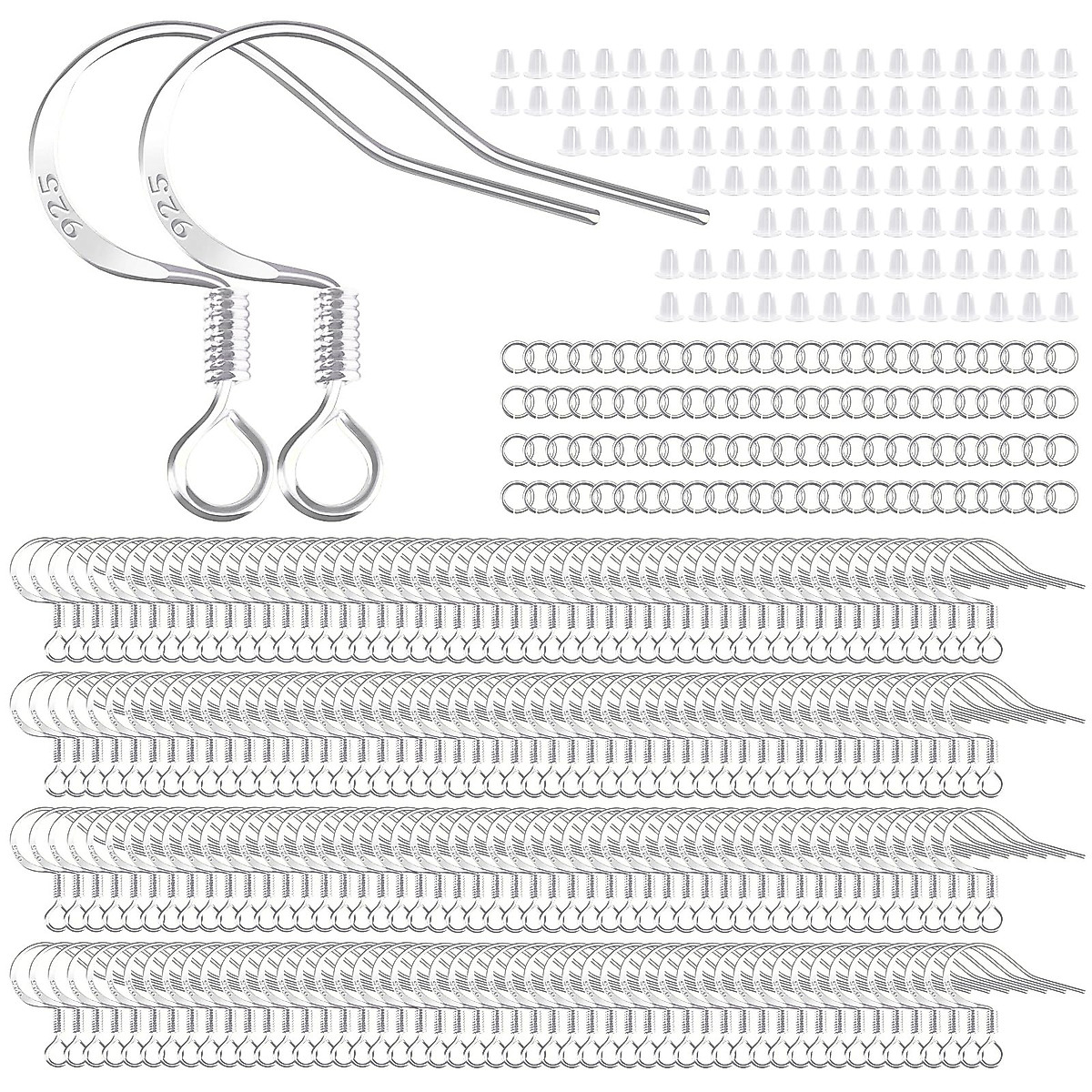200 PCS/100 Pairs 925 Sterling Silver Earring Hooks Hypoallergenic Silver Ear Wires Fish Hooks with 100 PCS Clear Silicone Earring Backs and 100 PCS Jump Rings for DIY Jewelry Making