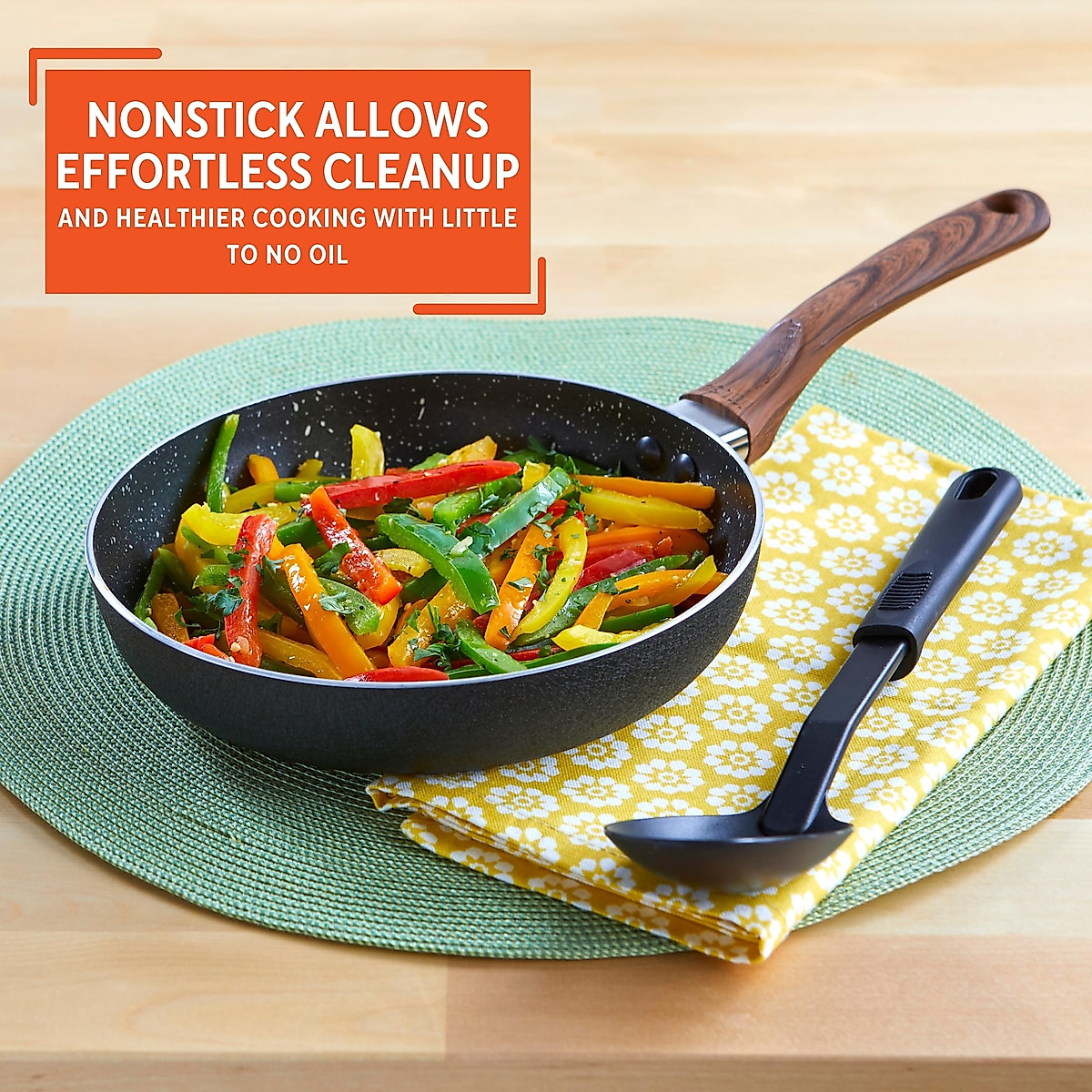 IMUSA USA Woodlook 8" Black Stone Fry Pan Handle and Speckled Nonstick Interior, 8"