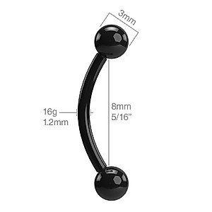 Evonix 8pc 16g Curved Barbell Black Vertical Labret Piercing Jewelry Eyebrow Ring Nipplerings Lot Set 8mm