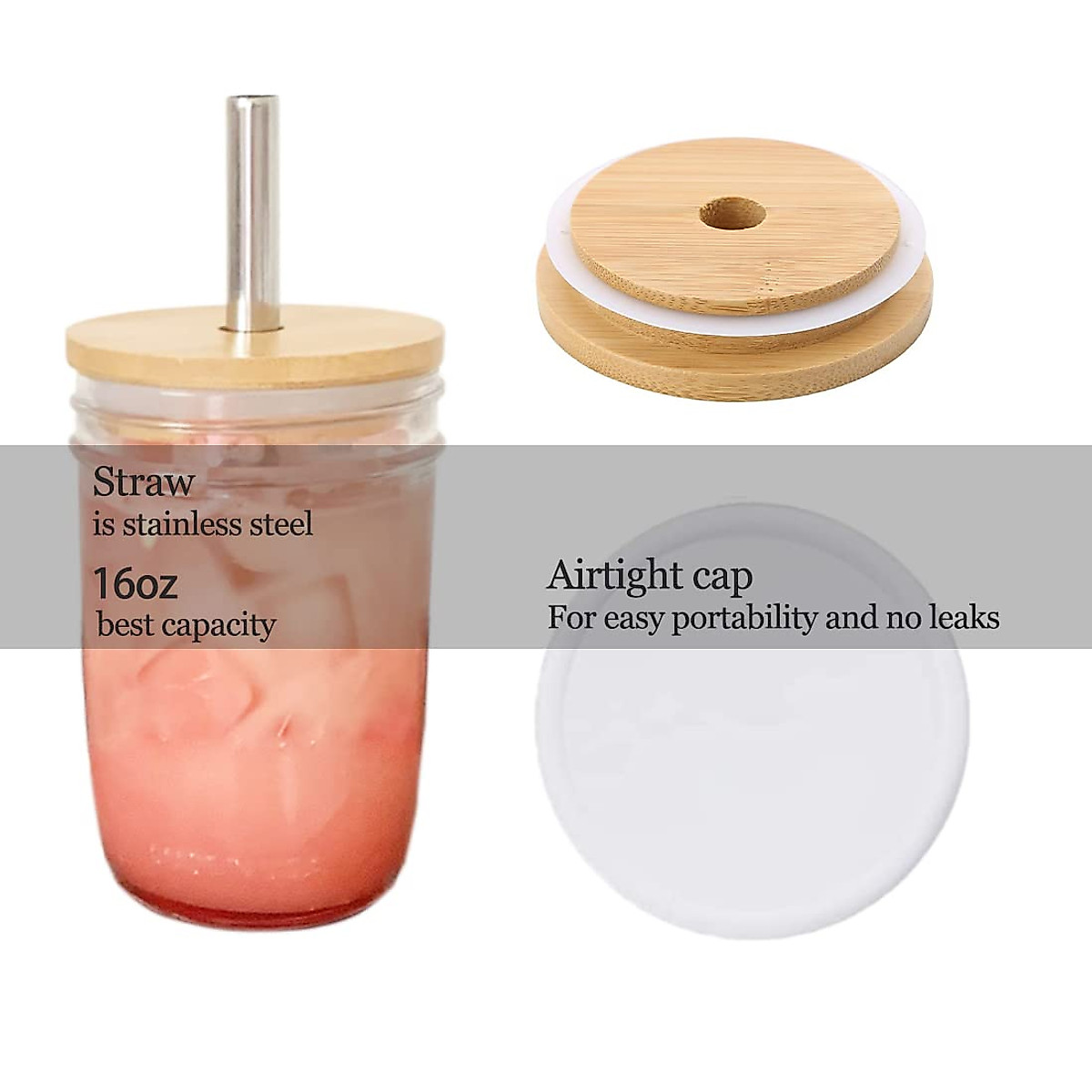 Glass Cups Set(4 Pack) 16oz Wide Mouth Mason Jar Drinking Glasses with Lids & Straws & 2 sealing Lids, Reusable Boba Bottle, Iced Coffee Glasses, Travel Tumbler for Bubble Tea, Juice