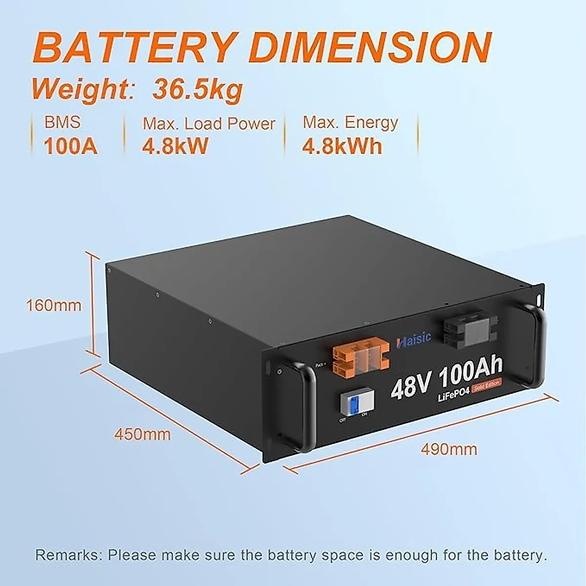 JEMESI 48V 100Ah LiFePO4 Lithium Battery, Rechargeable Lithium Battery, with BMS Protection, UP to 4800Wh, 6000 Deep Cycles, 10 Years Lifetime, Perfect for RV, Solar System Backup Power Supply