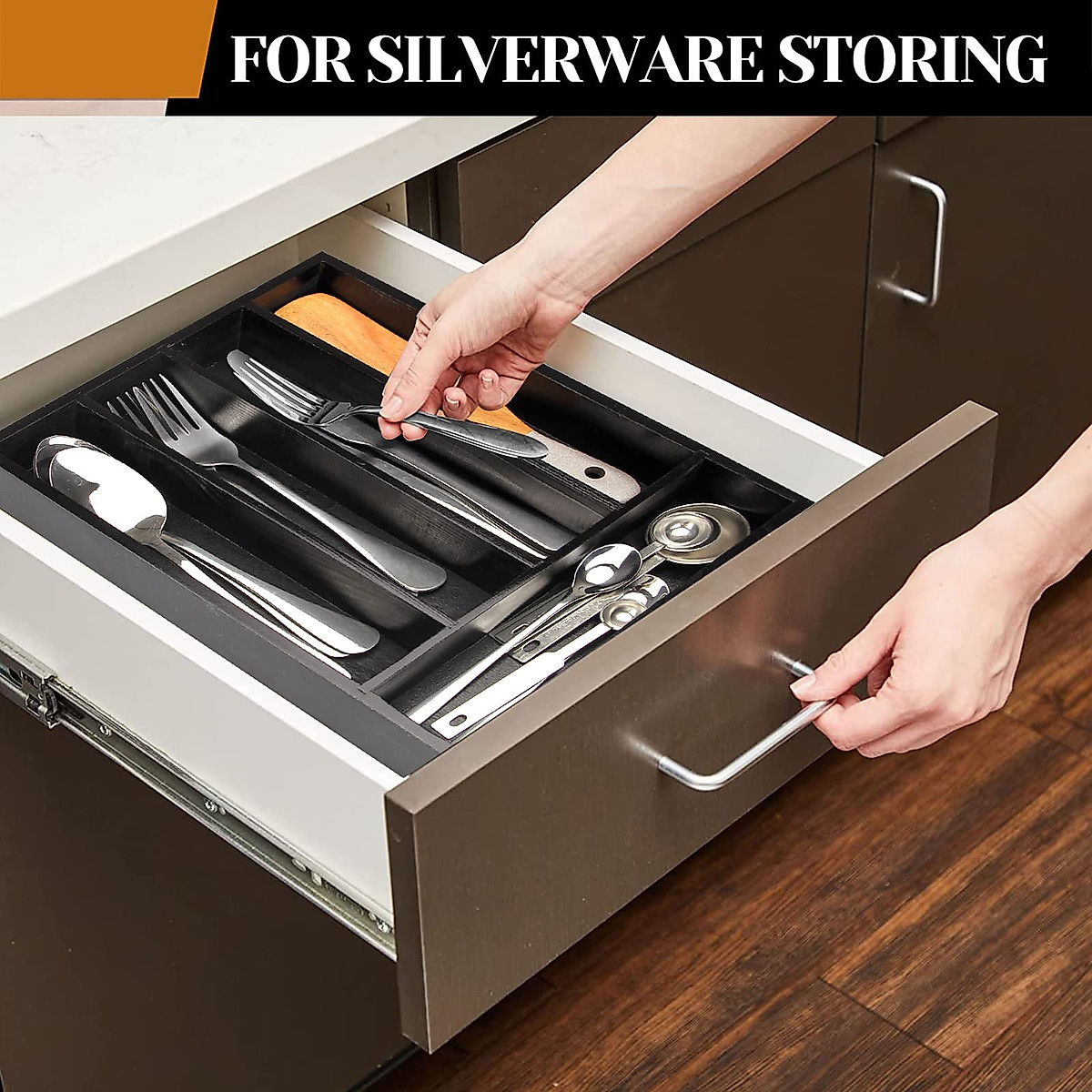 Ayiaren Kitchen Utensil Drawer Organizer Wooden Cutlery Tray Wood Silverware Drawer Divider Flatware Organizer Utensils Tray Black Bamboo Cutlery Organizer for Drawer Inserts Silverware Tray