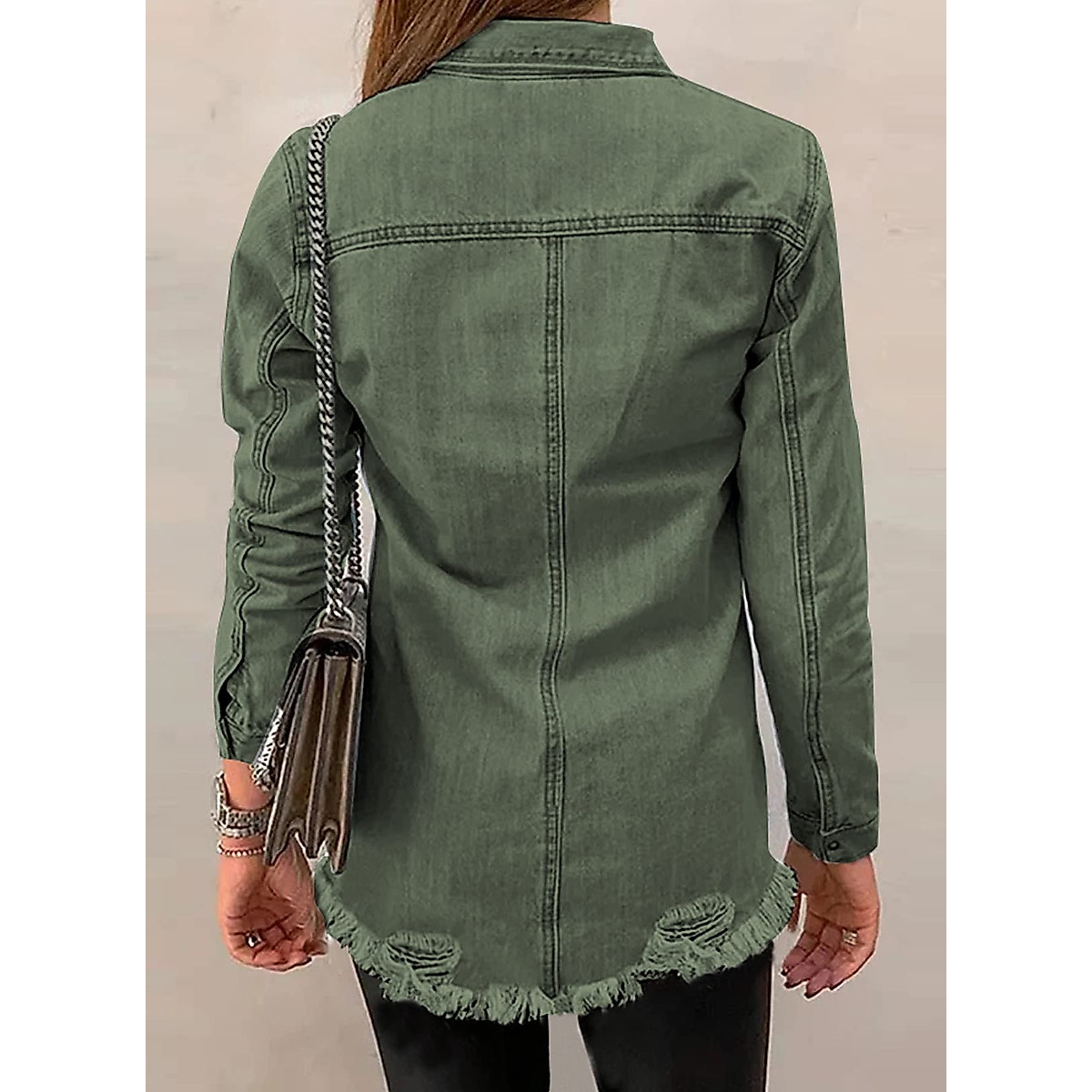 Dokotoo Jean Jacket Women Fashion Spring Summer Country Concert Outfits Casual Long Sleeve Denim Shirt Distressed Boyfriend Denim Jacket Shackets Western Jean Jacket Womens Clothing Green Jackets XL
