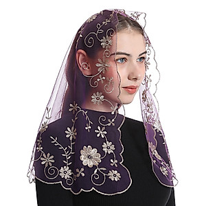 Bozidol Catholic Church Mass Veil Spanish Chapel Lace Mantilla Veil Religious Velos para ir a la Iglesia (Purple-Gold)