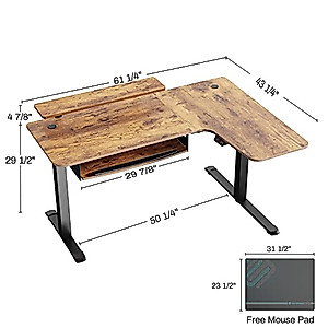 EUREKA ERGONOMIC L Shaped Standing Desk with Keyboard Tray, 61" Electric Height Adjustable Gaming Computer Desk with Monitor Stand & LED Strips, Dual Motor Sit Stand Up Corner Desk, Right/Rustic Brown