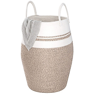 MINTWOOD Design Extra Large 25.6 Inches High Decorative Woven Cotton Rope Basket, Tall Laundry Hamper with Handles, Blanket Basket Living Room, Storage Baskets for Toys, Throws, Pillow, Towel, Brown