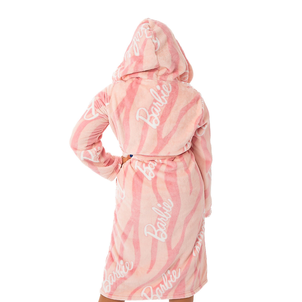 Barbie Womens Hooded Bathrobe | Ladies Pink All over Print Dressing Gown | Fashion Wave Print Fleece Loungewear Bathrobe