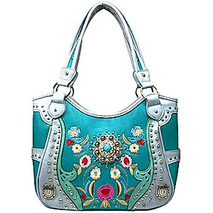 Embroidered Floral Laser Cut Turquoise Rhinestone Concho Concealed Carry Tote Hobo Purse Wallet Set (Turquoise)