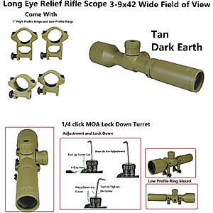 DB TAC INC Tan Color 3-9x42 Wide Angle Long Eye Relief Scout Scope with Extra Low Profile Weaver Scope Rings, Tan Dark Earth Anodized
