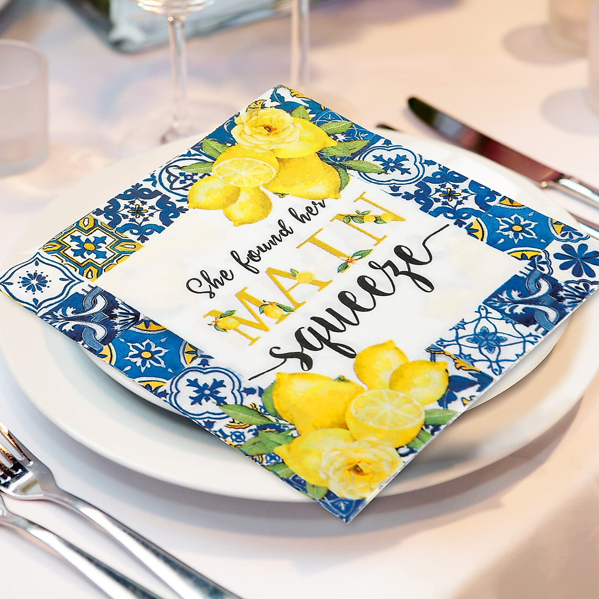 AnyDesign 80 Pack Lemon Luncheon Napkins Disposable She Found Her Main Squeeze Paper Decorative Napkins Blue Tiles Print Dessert Dinner Hand Napkin for Buffet Party Supplies Decoration, 6.5 x 6.5 In